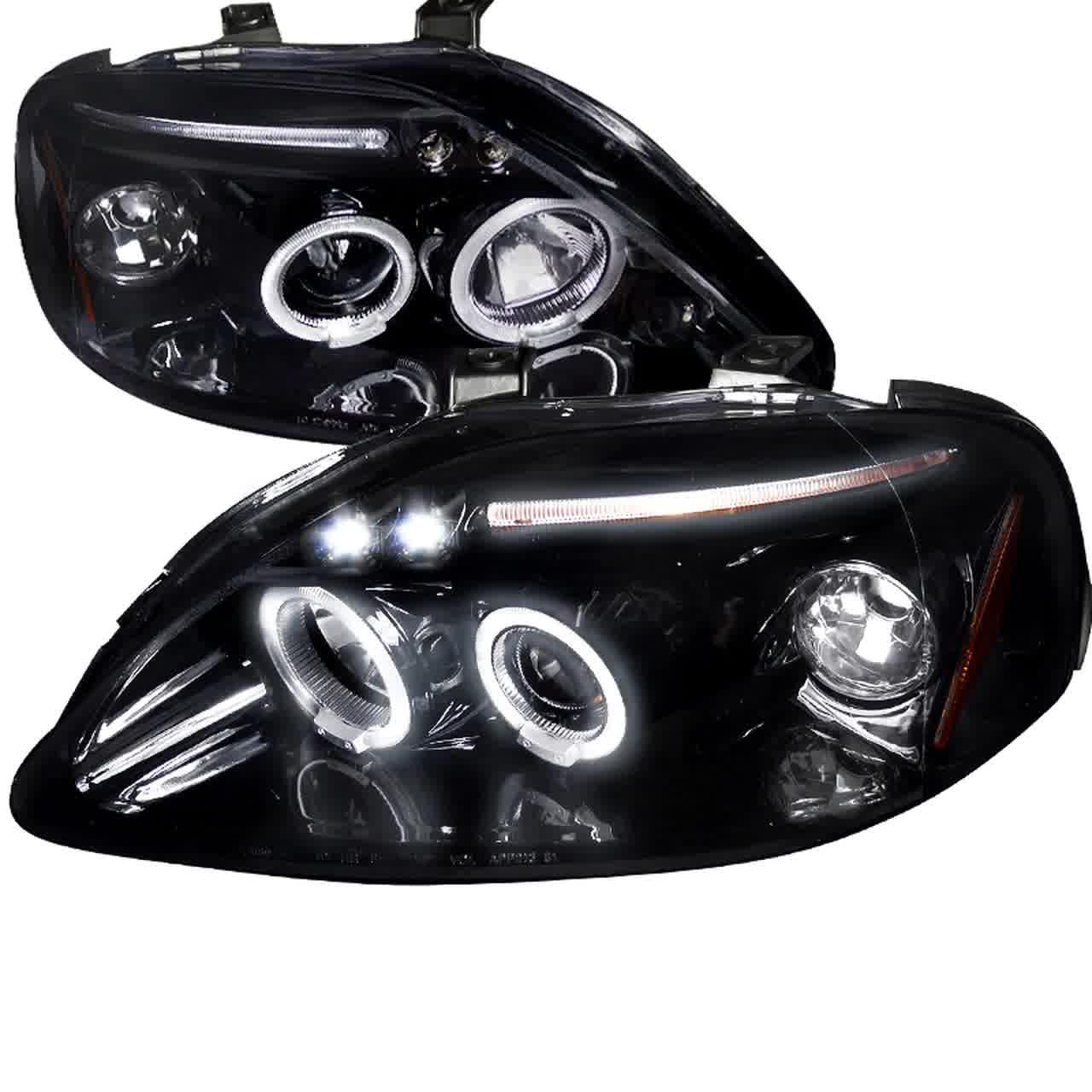 Spec D Projector Headlights Honda Civic EK 99 00 Dual Halo LED Black or Chrome Matte Black